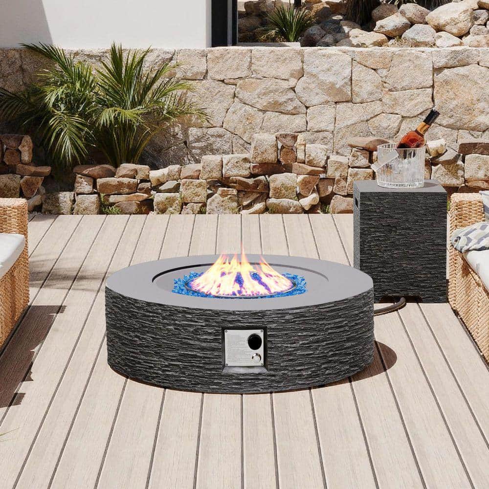 UPHA 42 in. Round Concrete Propane Fire Pit Table with Tank Cover, Dark ...