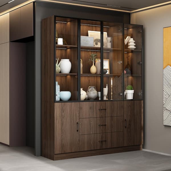 FUFU GAGA Brown Wood 63 in. W Display Cabinet with Pop Up Tempered Glass Doors 3 Color LED Lights Drawers Adjustable Shelves Mathis Home