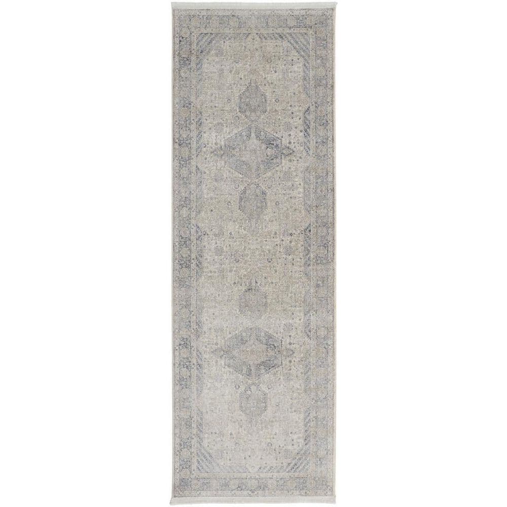 HomeRoots 2 ft. x 12 ft. Gray, Blue, Taupe Oriental Runner Rug ...