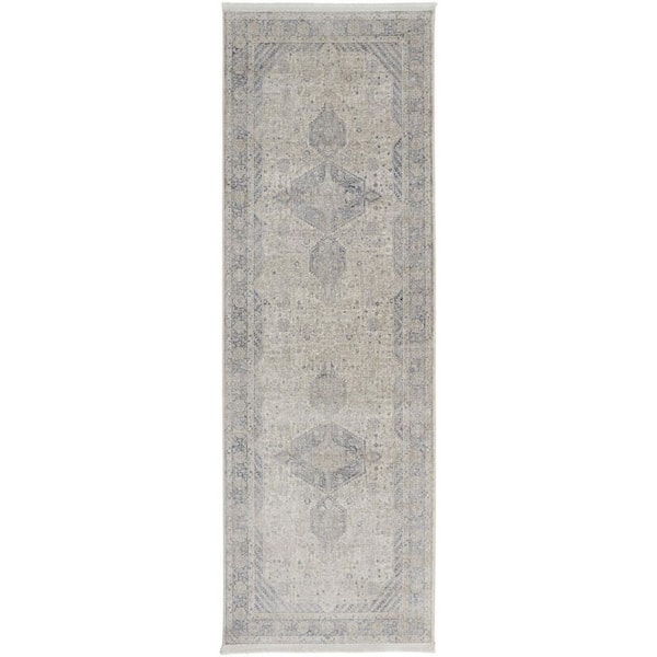 HomeRoots 2 ft. x 12 ft. Gray, Blue, Taupe Oriental Runner Rug ...