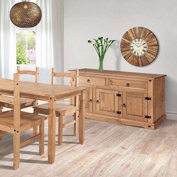 OS Home and Office Furniture Cottage Series Antique Brown Wood Pine 51.97 in. Buffet Sideboard with 2 drawers and 3 doors COR916