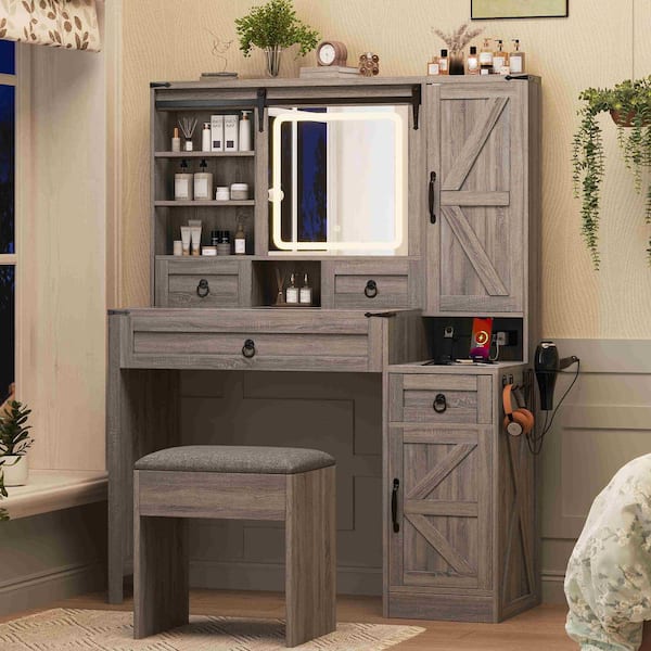 Polibi Gray Makeup Vanity Set with Sliding Mirror, Lights, Glass Top, 4 ...
