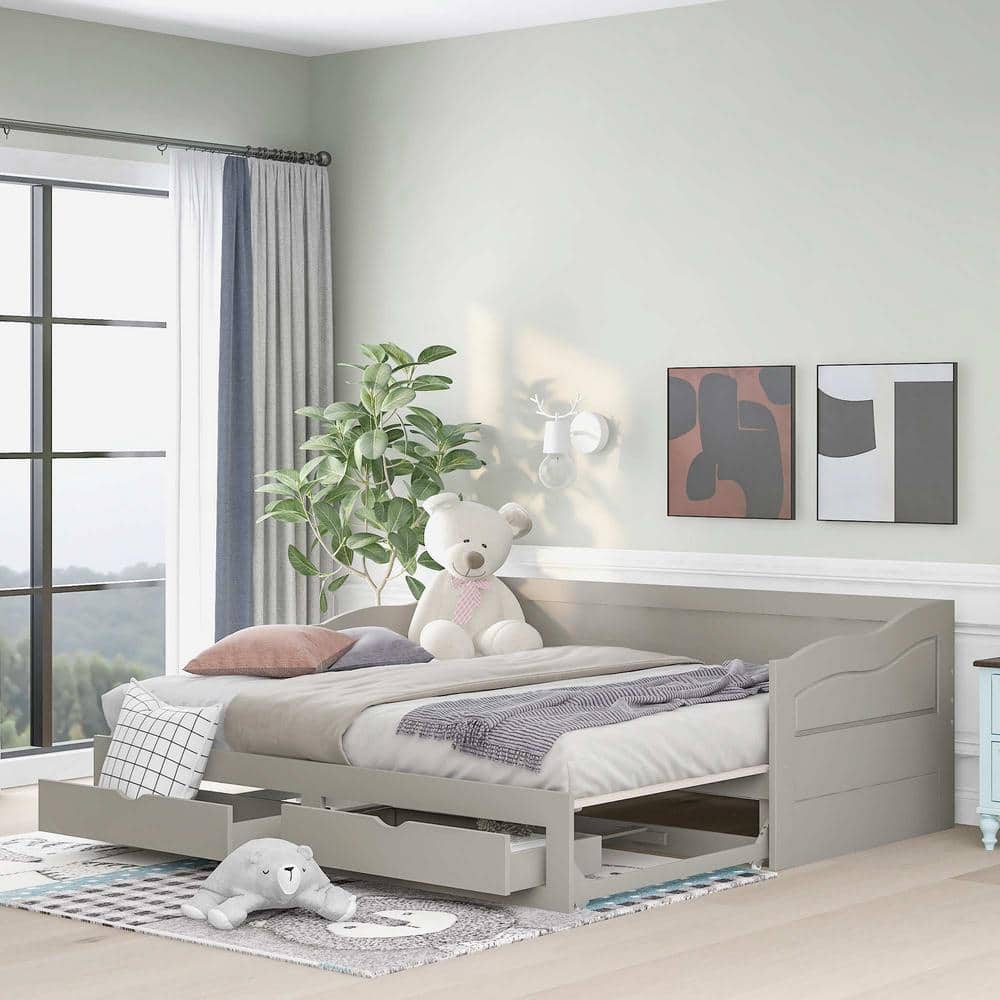 Polibi Gray Wooden Twin Daybed with Trundle Bed and Two Storage Drawers ...