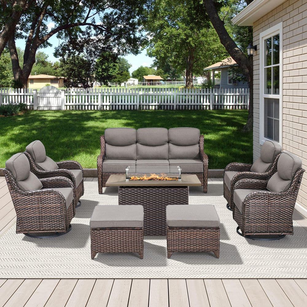 Opohoro Arcadia Brown 8-Piece Wicker Outdoor Patio Fire Pit Deep ...