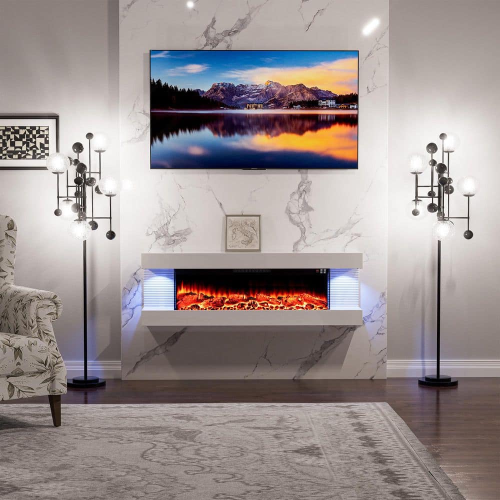 Clihome 50 in. Wall Mounted LED Electric Fireplace with Floating Mantel ...