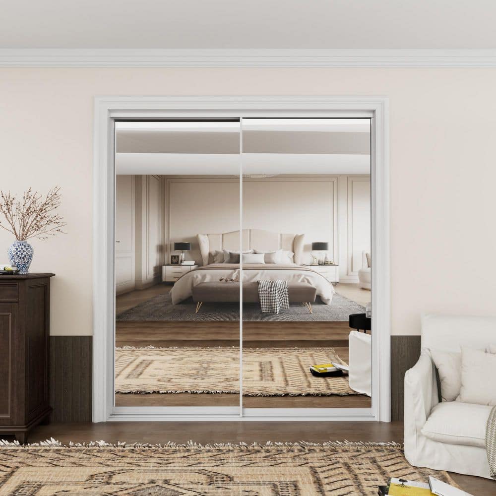 EH PUERTA 72 in. x 80 in. 1-Lite White Mirrored Glass and Aluminum ...