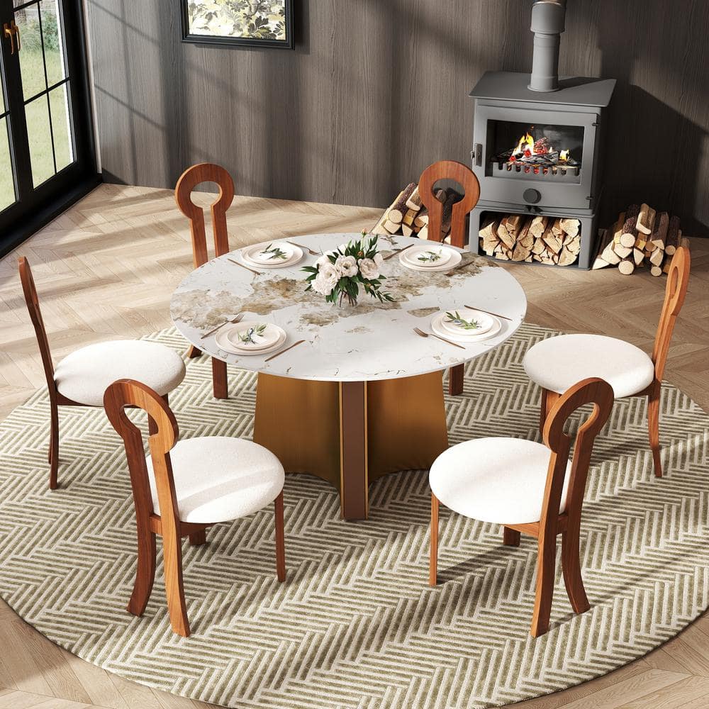 Magic Home 53.1 in. Pandora Round Sintered Stone Tabletop Gold Pedestal ...