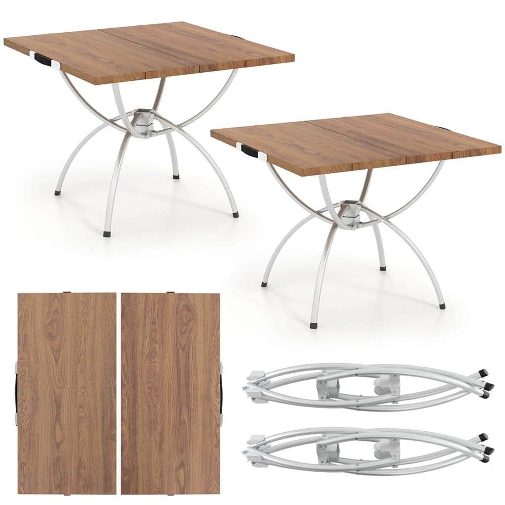 Costway Folding Camping Table with Wood-Grain Tabletop Aluminum Frame ...