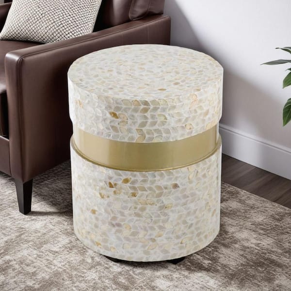 Benjara Gold and Ivory Wood Stool with Capiz Shell Leaf Inlay BM284718 ...