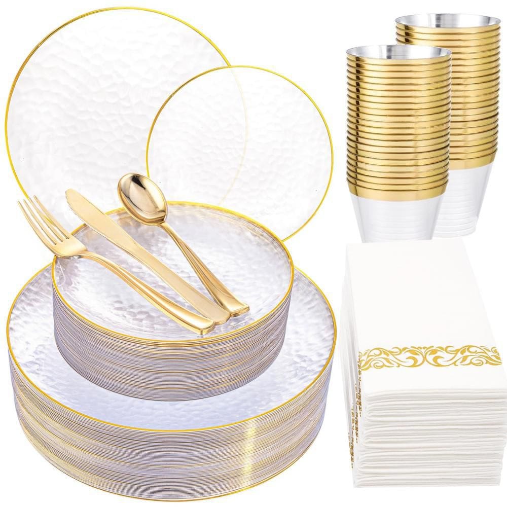 Esepony 175-Piece Clear Plastic Dinnerware Sets for Parties, Weddings ...