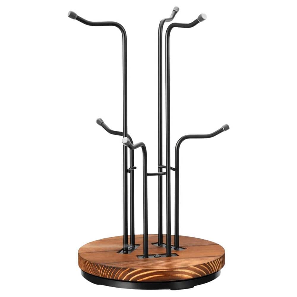 Anqtovp 6-Hook Black Rotating Mug Tree with Stable Wooden Base for ...