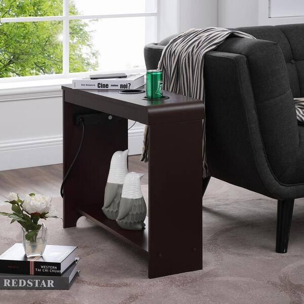HOMESTOCK 11 in. Espresso Rectangle Wood End Table with USB Ports and ...