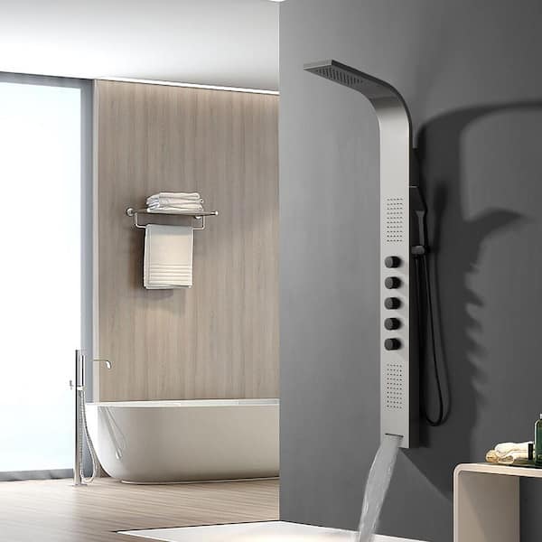 HOMEMYSTIQUE Dual 4 in One 2 Jet Shower Panel Tower System With Rainfall Waterfall Shower Head and Massage Body Jets in Black Nickel NSTE0642BN The Home Depot