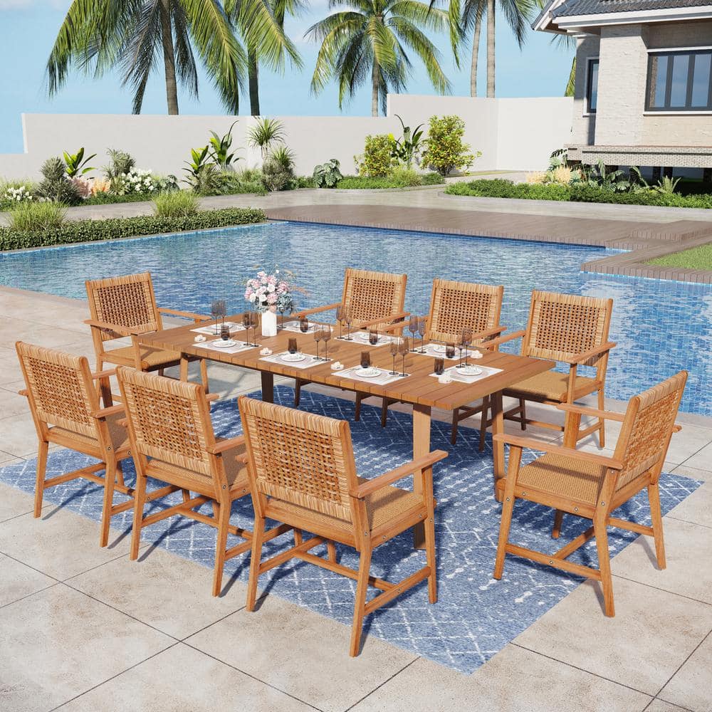 PHI VILLA Brown 9-Piece Outdoor Patio Dining Set With Acacia ...