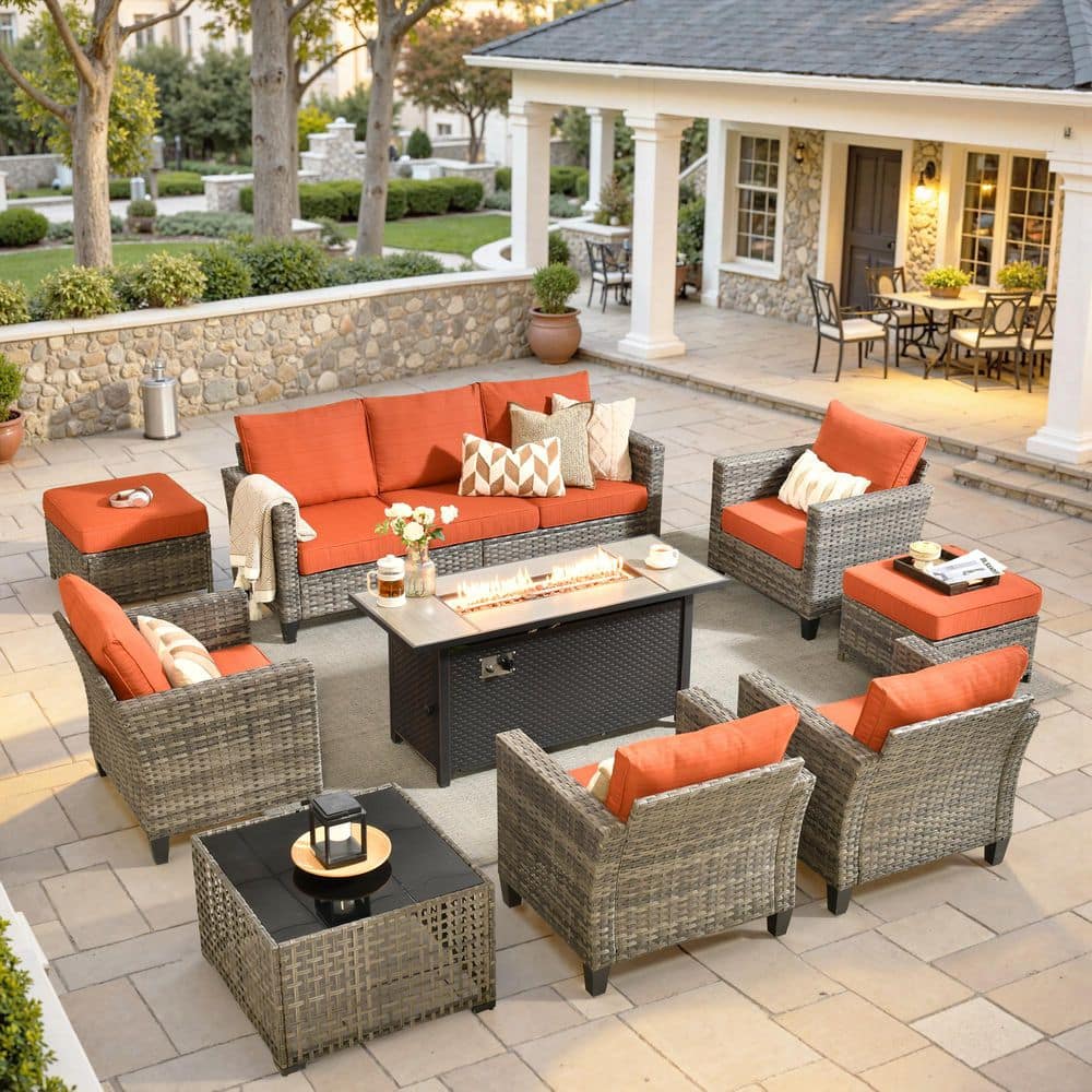 XIZZI Limerence 9 Pieces Wicker Outdoor Patio Rectangular Fire Pit Set ...