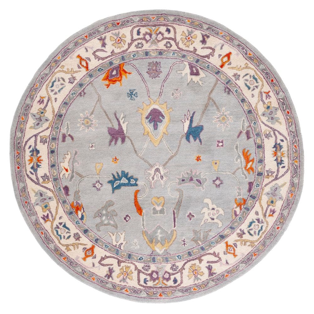 SAFAVIEH Anatolia 6 ft. x 6 ft. Gray/Ivory Traditional Floral Round ...