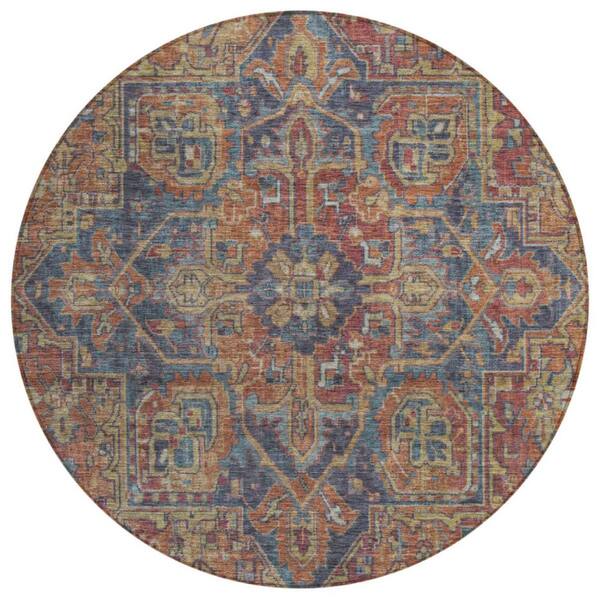HomeRoots Red Orange and Blue 8 ft. Round Woven Oriental Round Indoor ...