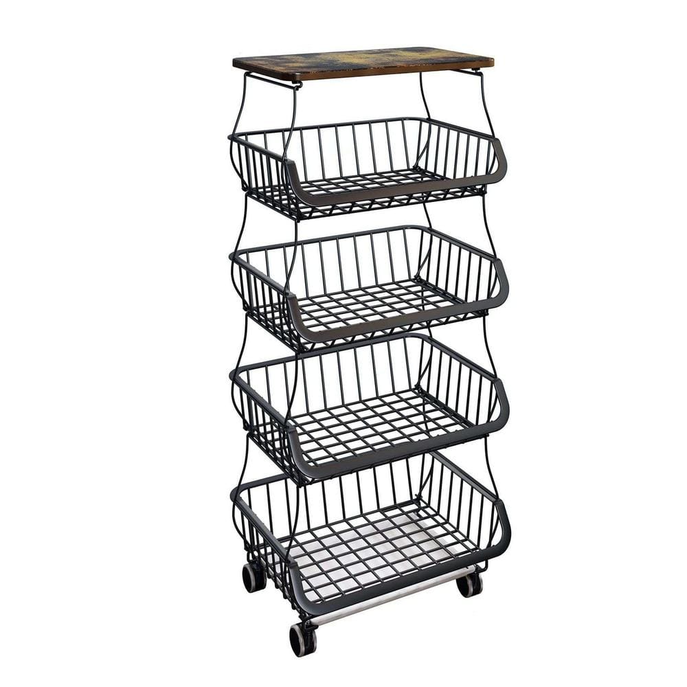 Angel Sar 5-Tier 15.7 in. x 37 in. Black Fruit Basket with Wooden Top ...