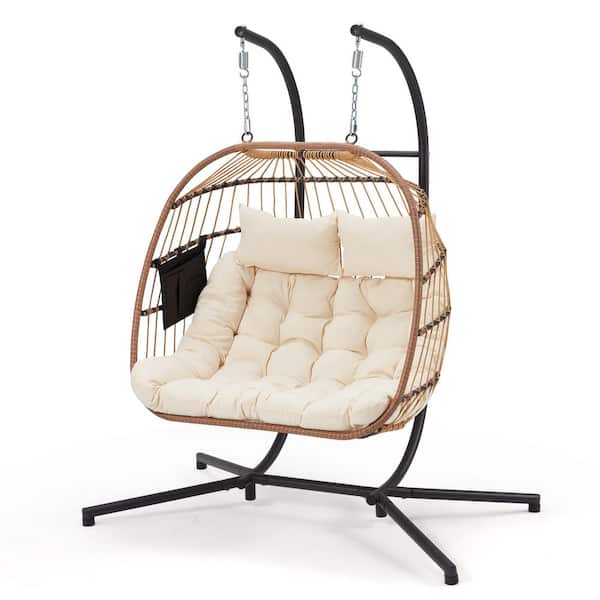 HOMMOW Hanging Double Egg Chair, Patio Wicker Loveseat Hanging Swing ...