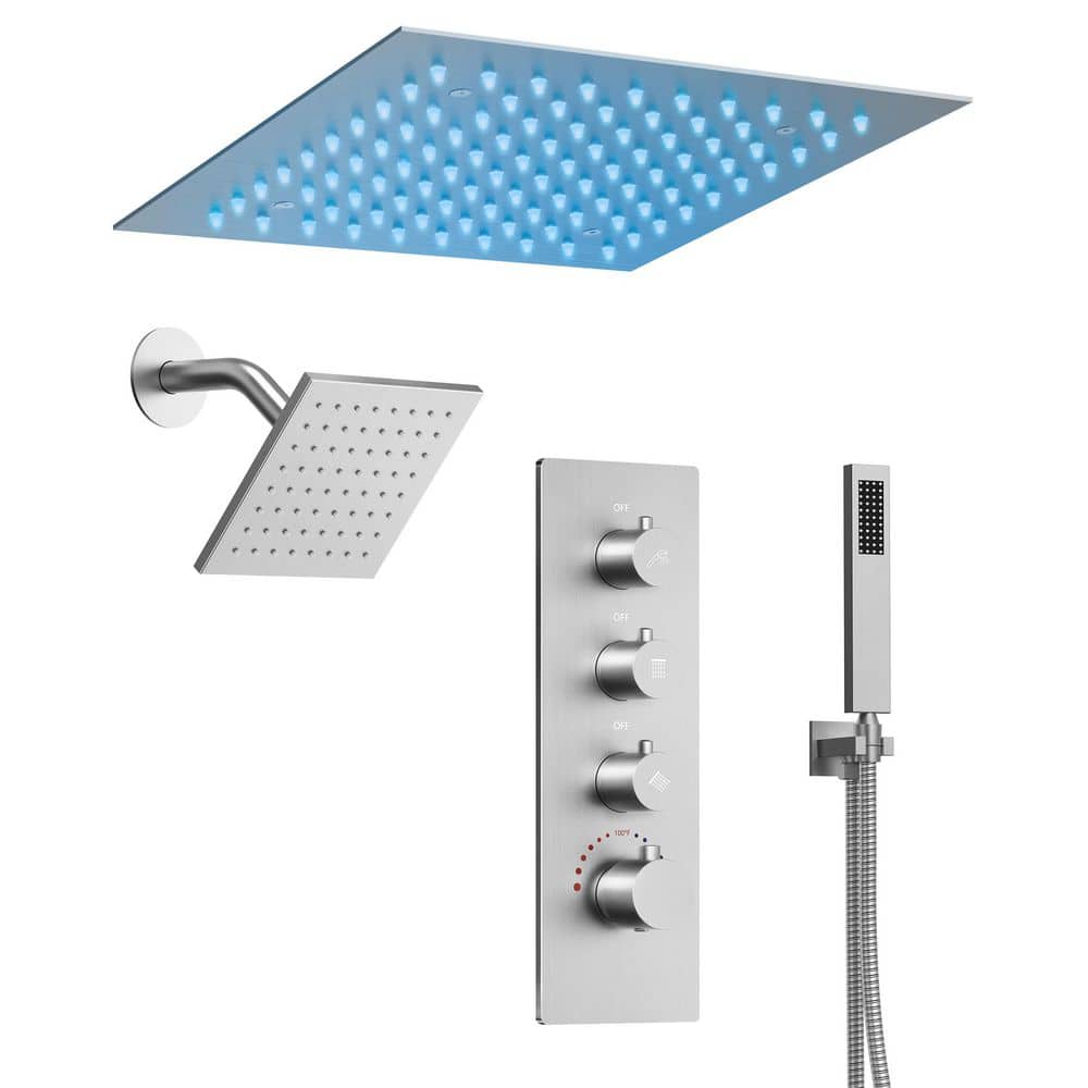 EVERSTEIN Chromotherapy 7-Spray Square 12 in. Ceiling Rain LED Shower System Fixed Handheld ...