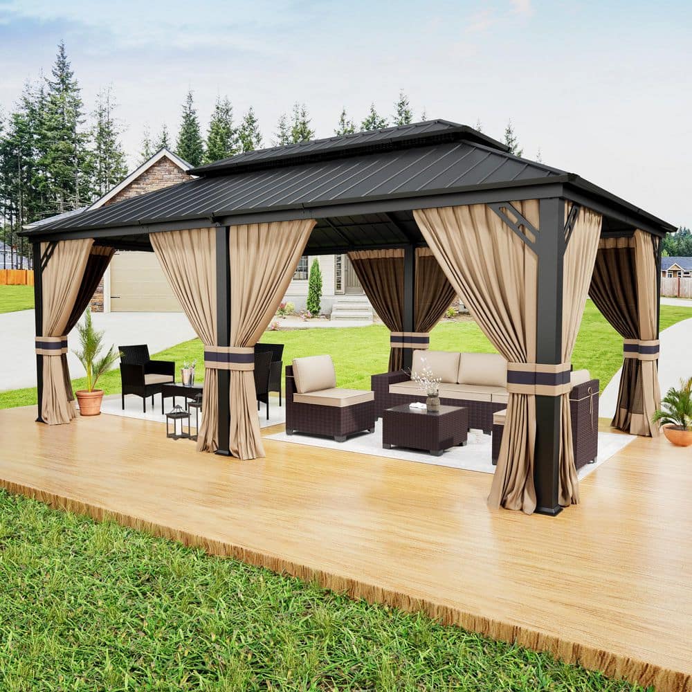 Halmuz 12 ft. x 20 ft. Gray Hardtop Gazebo with Curtain Sand Gazebo20 ...