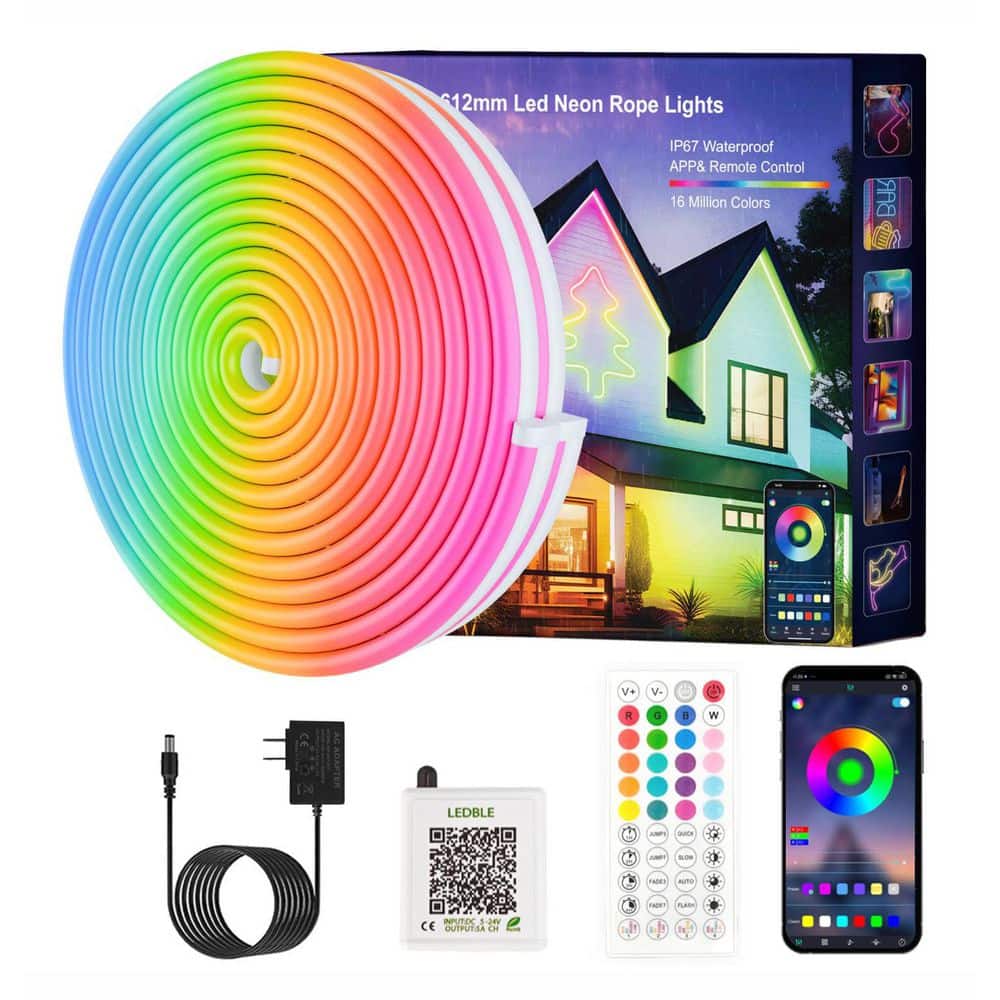 OBJLGEV 20 ft. Outdoor RGB App/Remote Control Plug-In Integrated LED ...