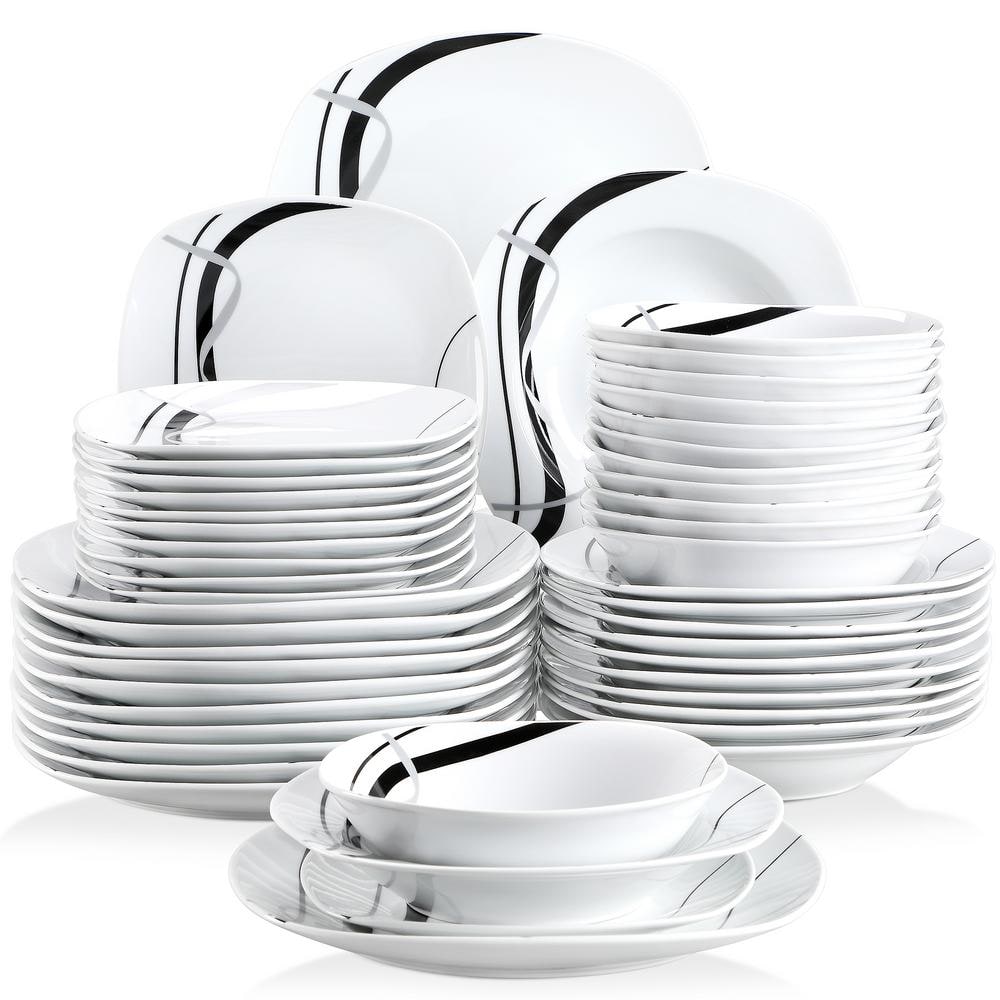 VEWEET 48-Piece Black Gray Lines Ivory White Porcelain Dinnerware (Set ... VEWEET 48-Piece Black Gray Lines Ivory White Porcelain Dinnerware (Set ...