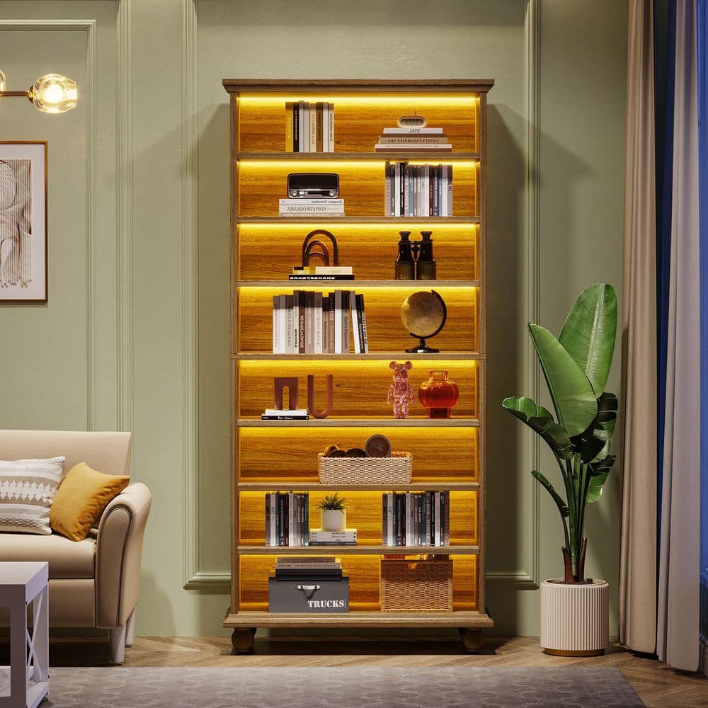 BYBLIGHT Eulas 69 in. Tall Oak MDF 8 Tier Standard Bookcase with LED ...