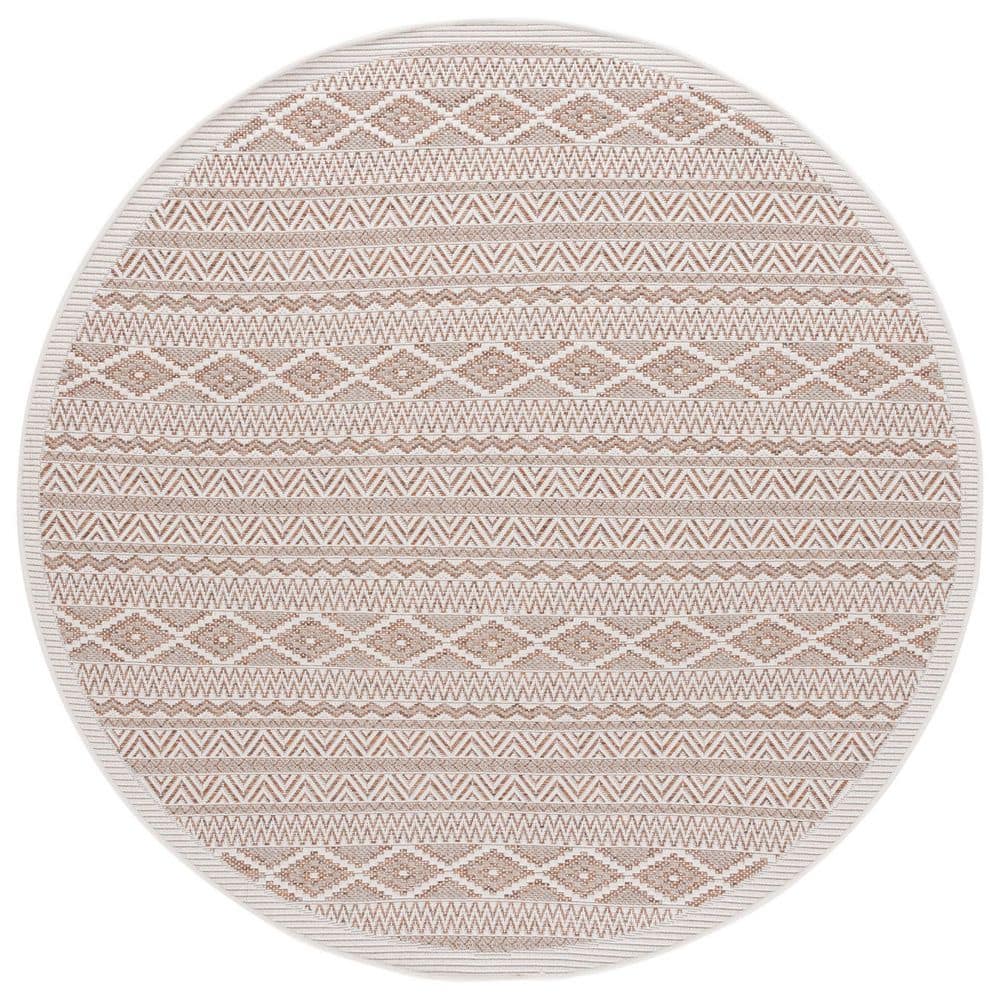 SAFAVIEH Wicker 7 ft. x 7 ft. Orange/Beige Geometric Striped Round Area ...