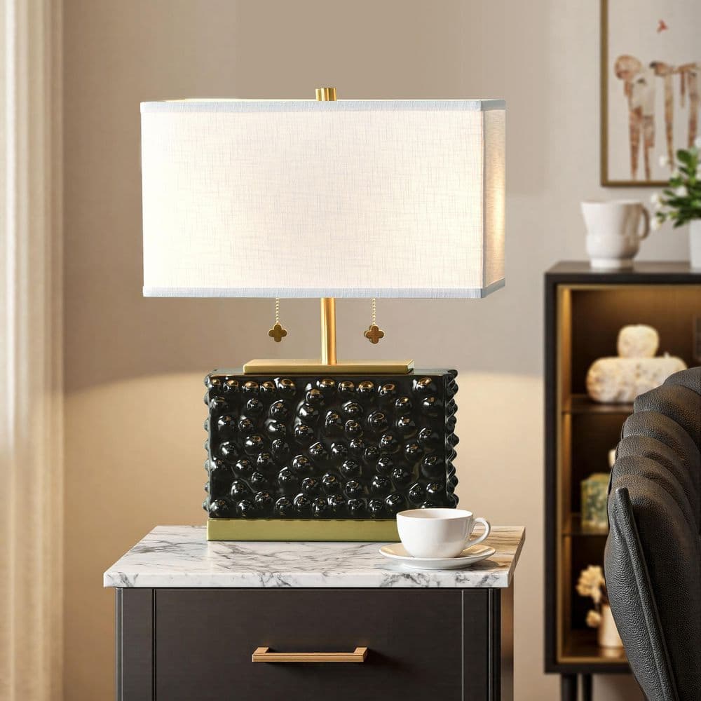 StyleCraft Edmund 21 in. Glossy Black Table Lamp with White Linen Shade ...