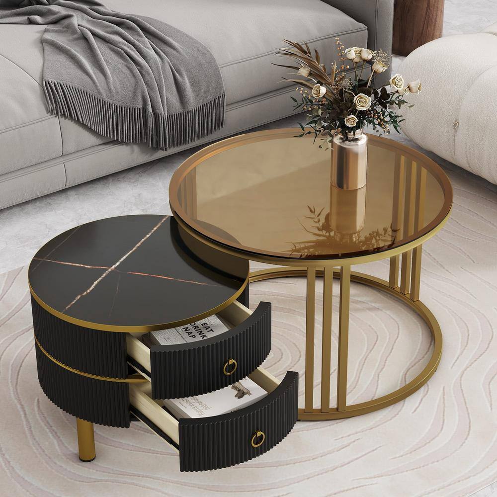 Zeus & Ruta Set of 2, 28 in. and 20 in. Black Round Stackable Coffee ...