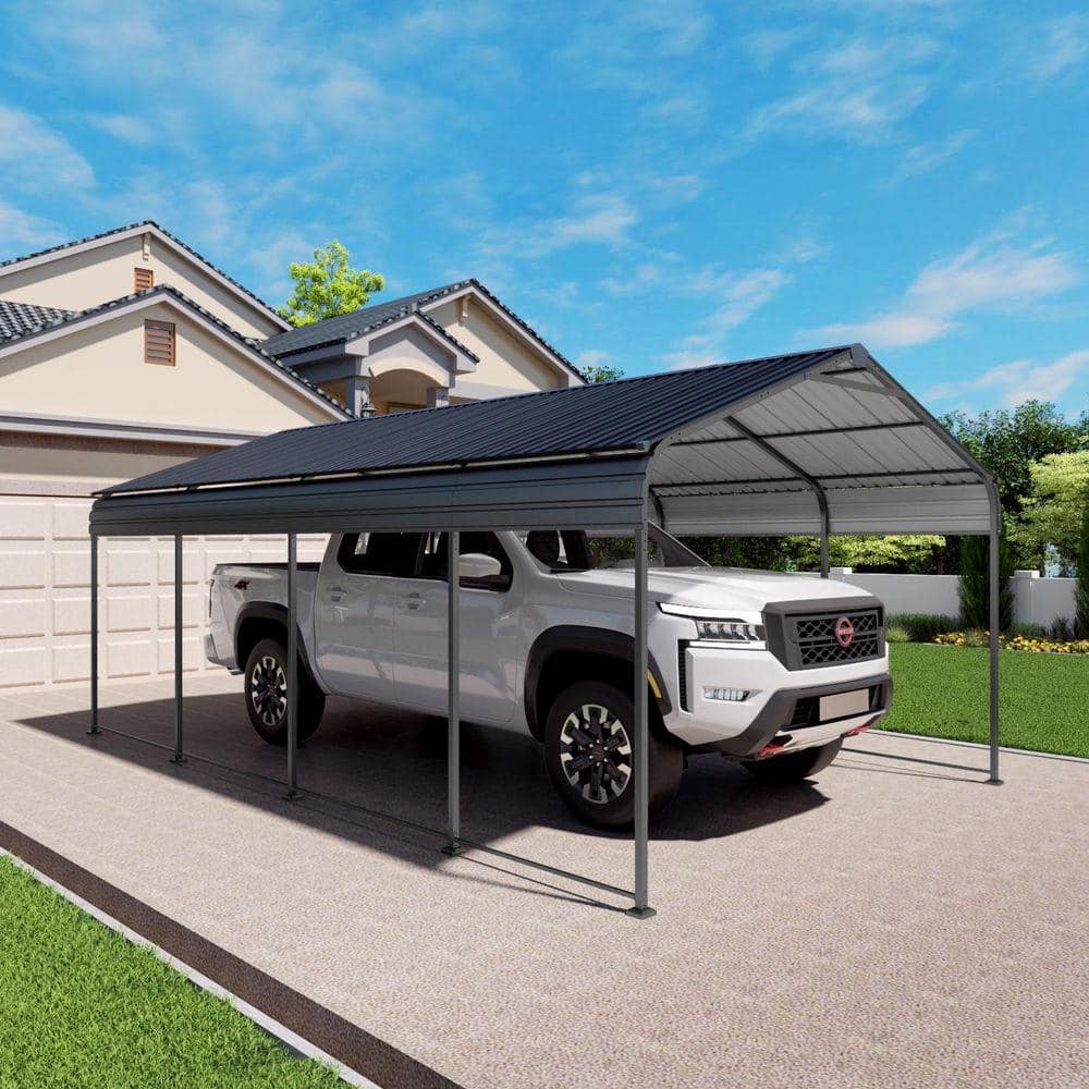 12 ft. W x 20 ft. D Heavy Duty Metal Carport Garage with Galvanized ...