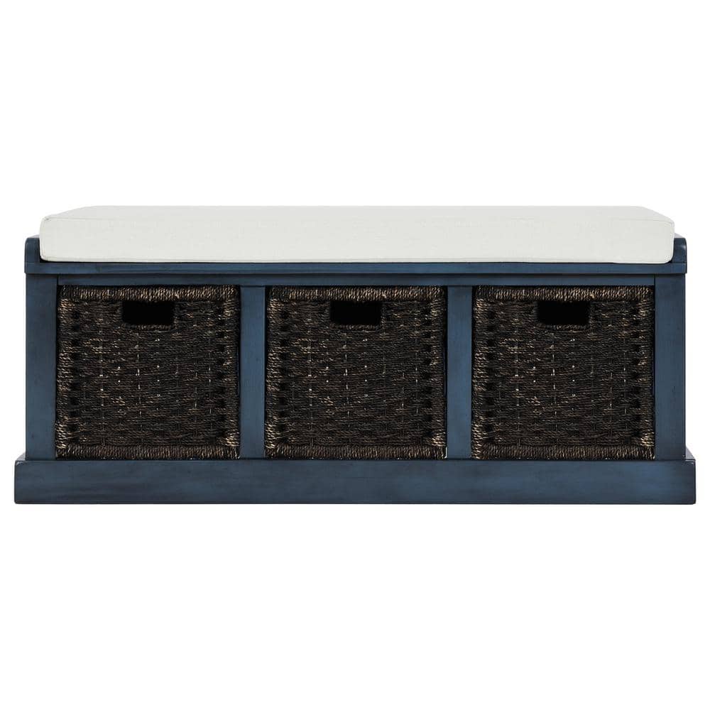 Navy Rustic Storage Dining Bench with 3-Removable Classic Rattan Basket ...