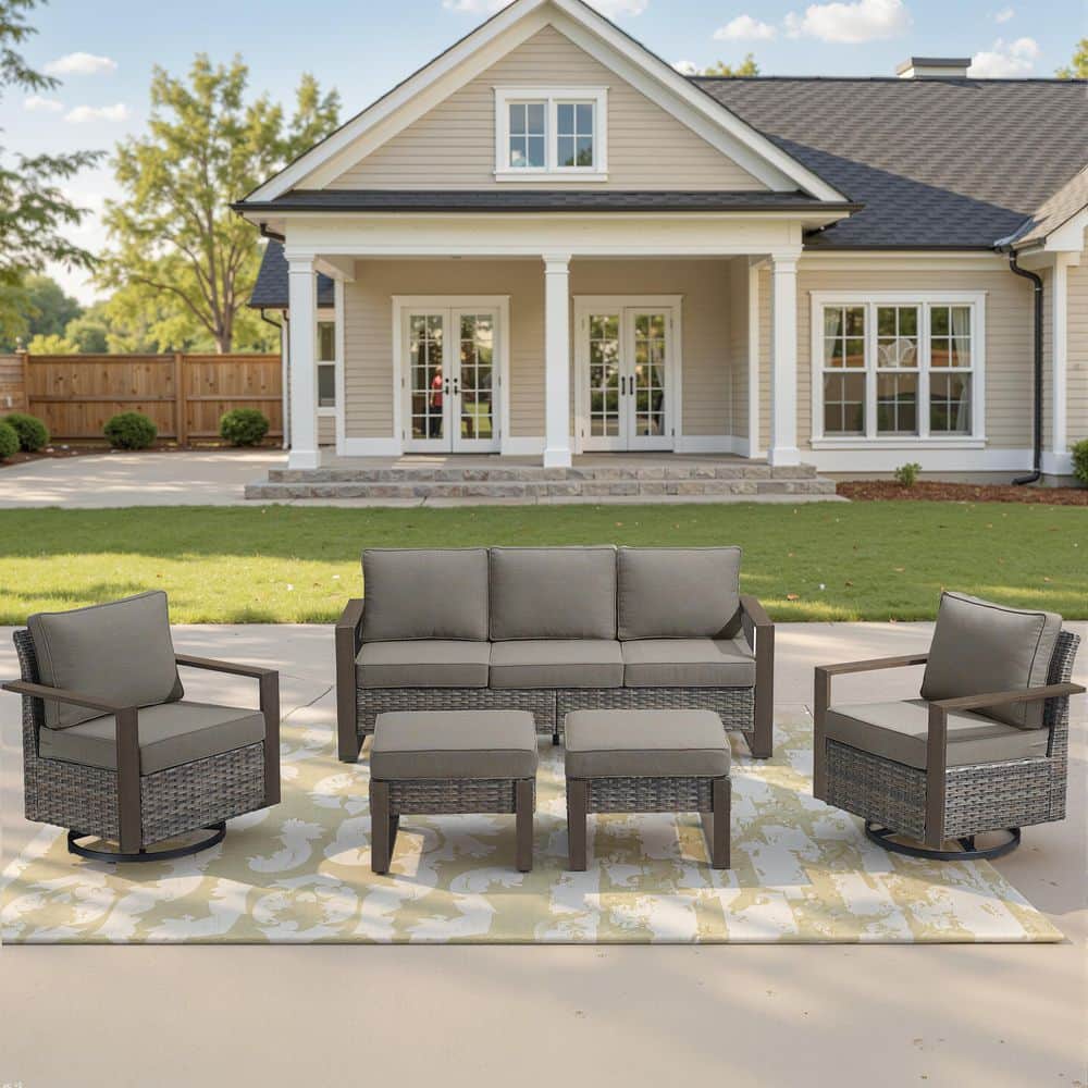 Bellefurn Kove Gray Wicker 5-Piece Patio Conversation Set Outdoor ...