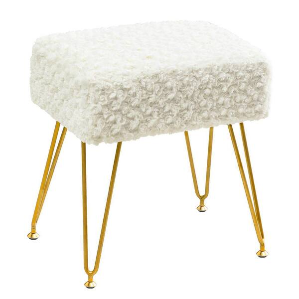 LUE BONA 18.5 in. White Rose Pattern Faux Fur Square Vanity Stool with ...