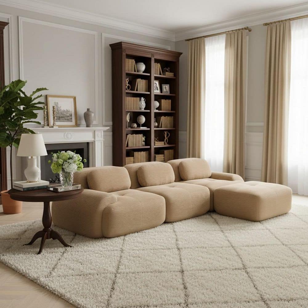 Homy Casa SMZO 117.3 in. Rolled Arm 3-Piece Corduroy Modular Sectional ...
