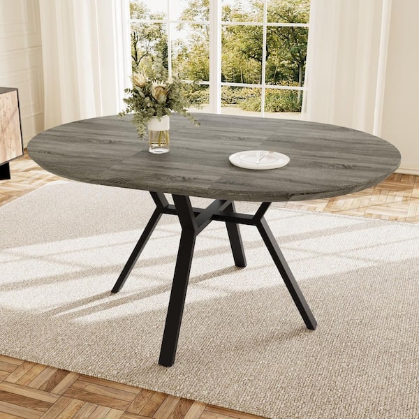 GOJANE 59 in. Modern Grey MDF Metal Legs Extendable Dining Table Round ...