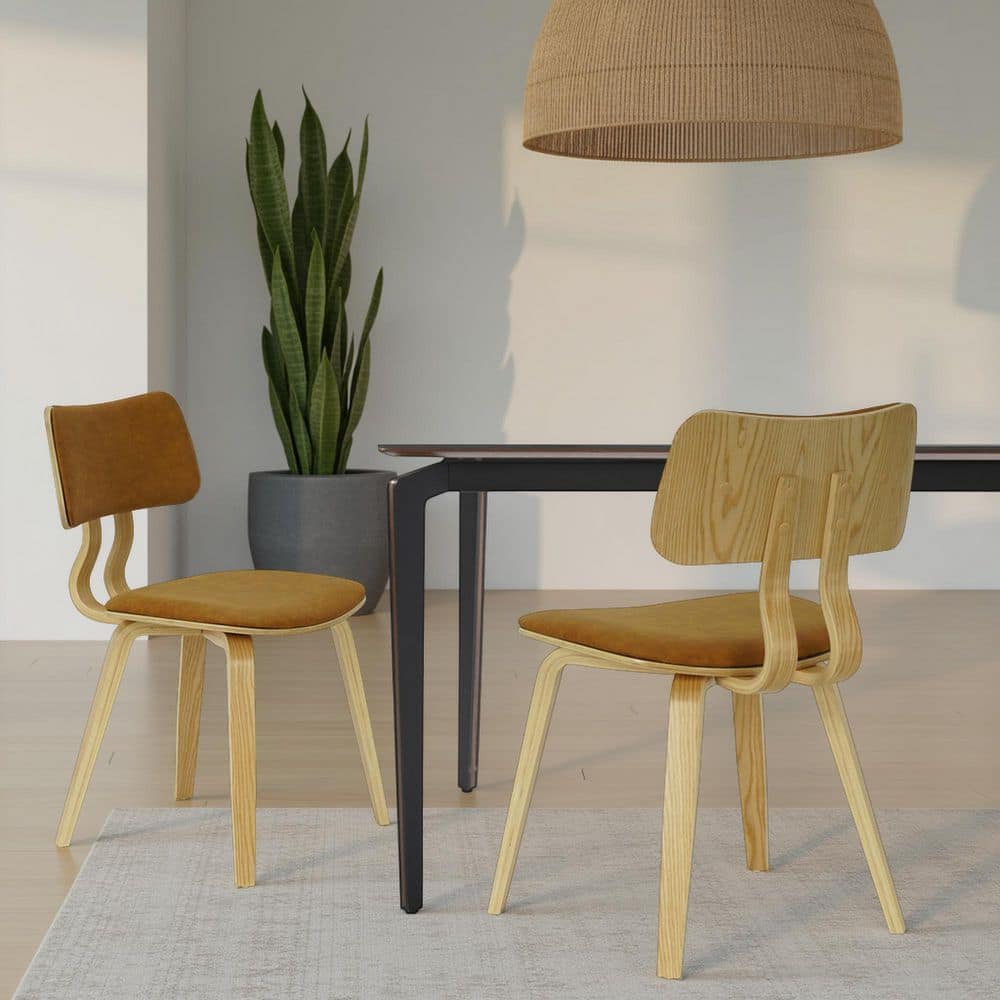 Armen Living Jaguar Camel Curved Back Wood Dining Chair with Faux ...