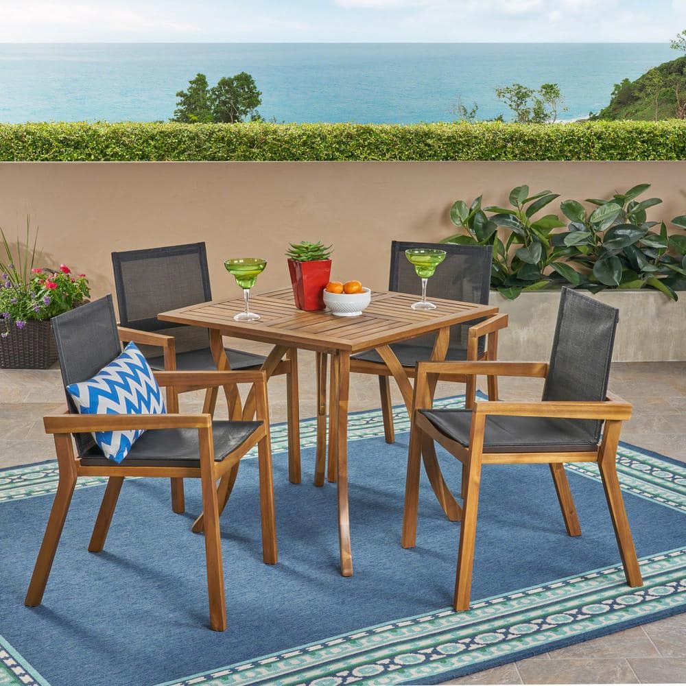Noble House Chaucer 30 in. Teak Brown 5-Piece Wood Square Patio Outdoor ...