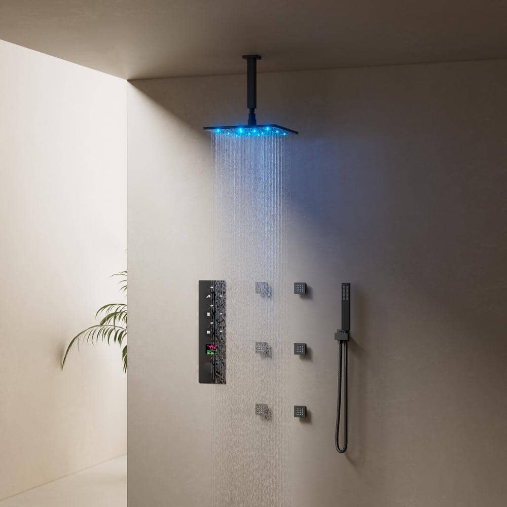 EVERSTEIN 7-Spray Patterns with 12 in. Ceiling Mounted Massage Fixed Shower Head with LED in ...