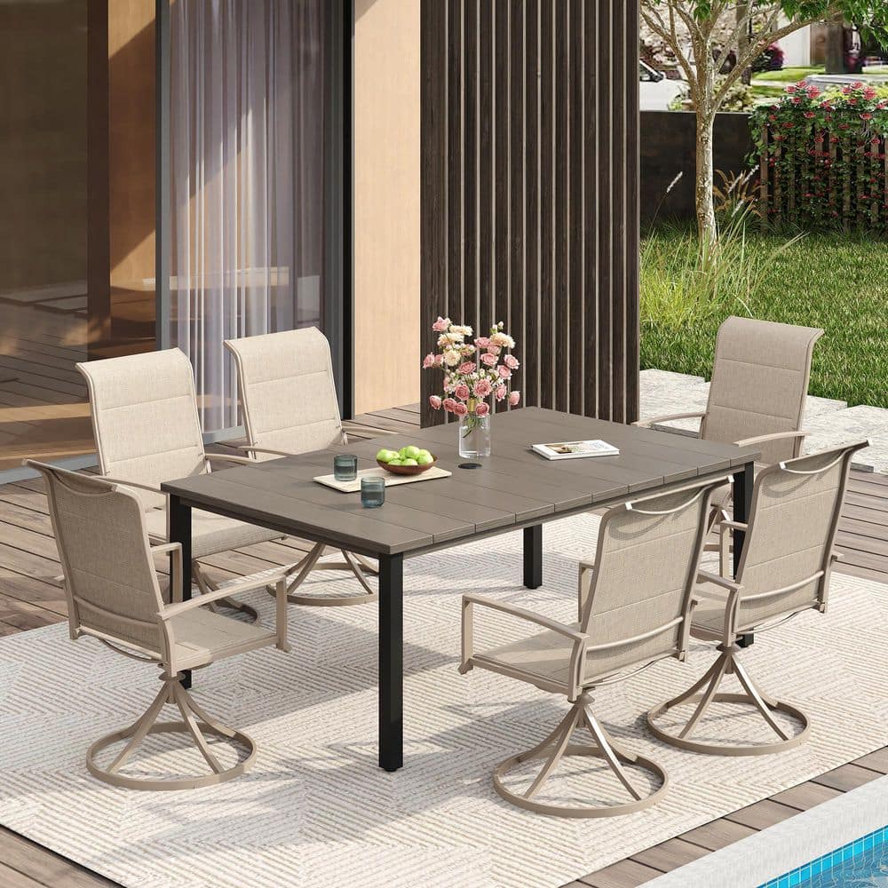vicllax 7-Piece Metal Outdoor Dining Set with Gray Wood-Like Rectangle ...