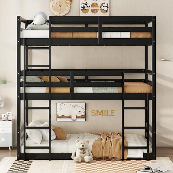 Qualler Black Triple Twin Size Bunk Bed with Two Built-in Ladders and ...