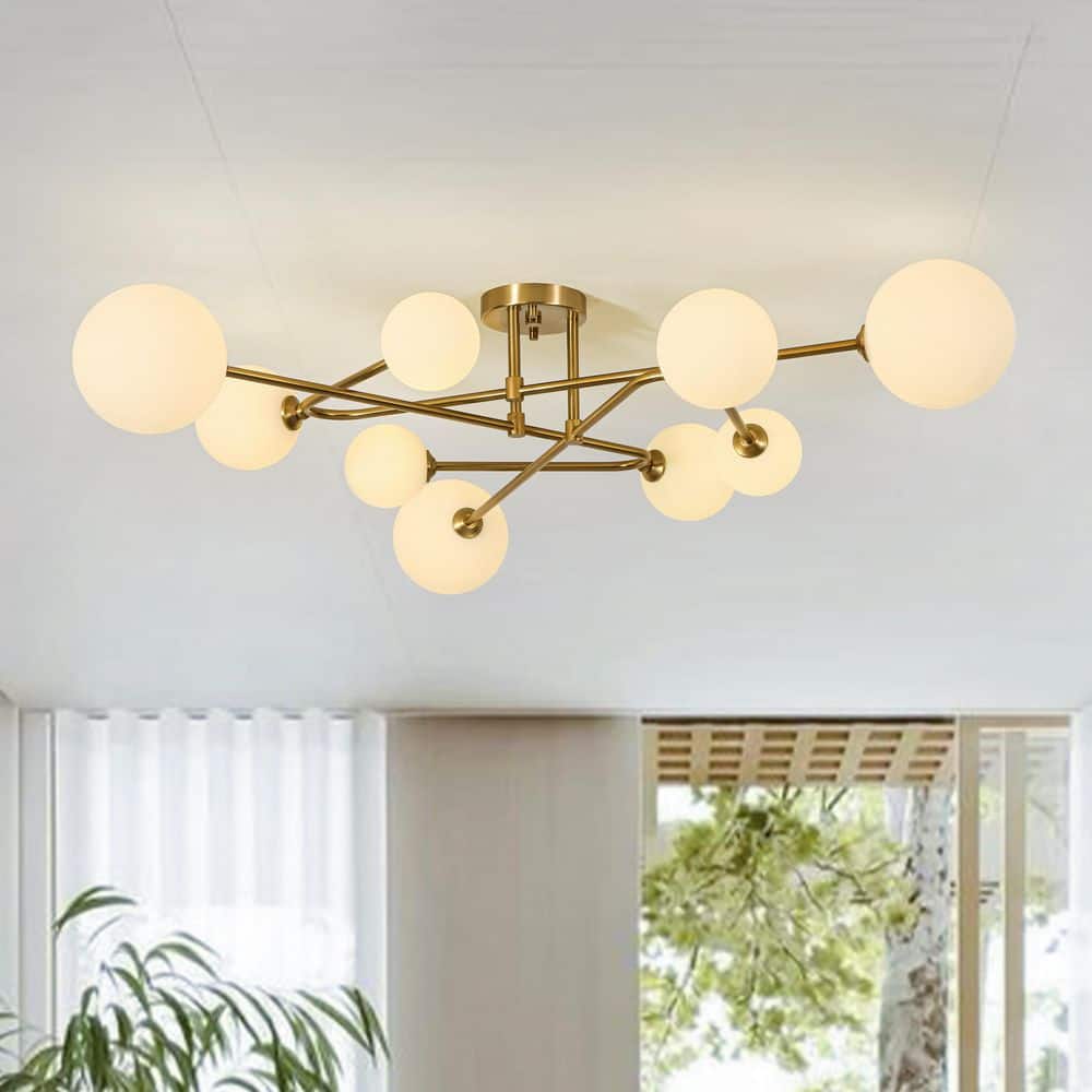 HUOKU Ceder 9-Light 43 in. Brushed Gold Semi-Flush Mount Sputnik ...