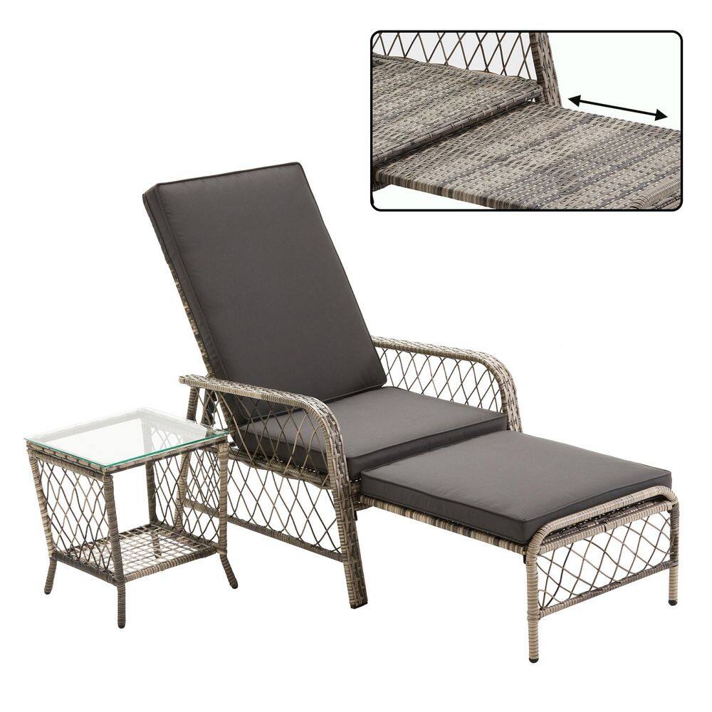 Grey Outdoor Pull-Out Rattan Chaise Lounge Chair with Glass Table with ...