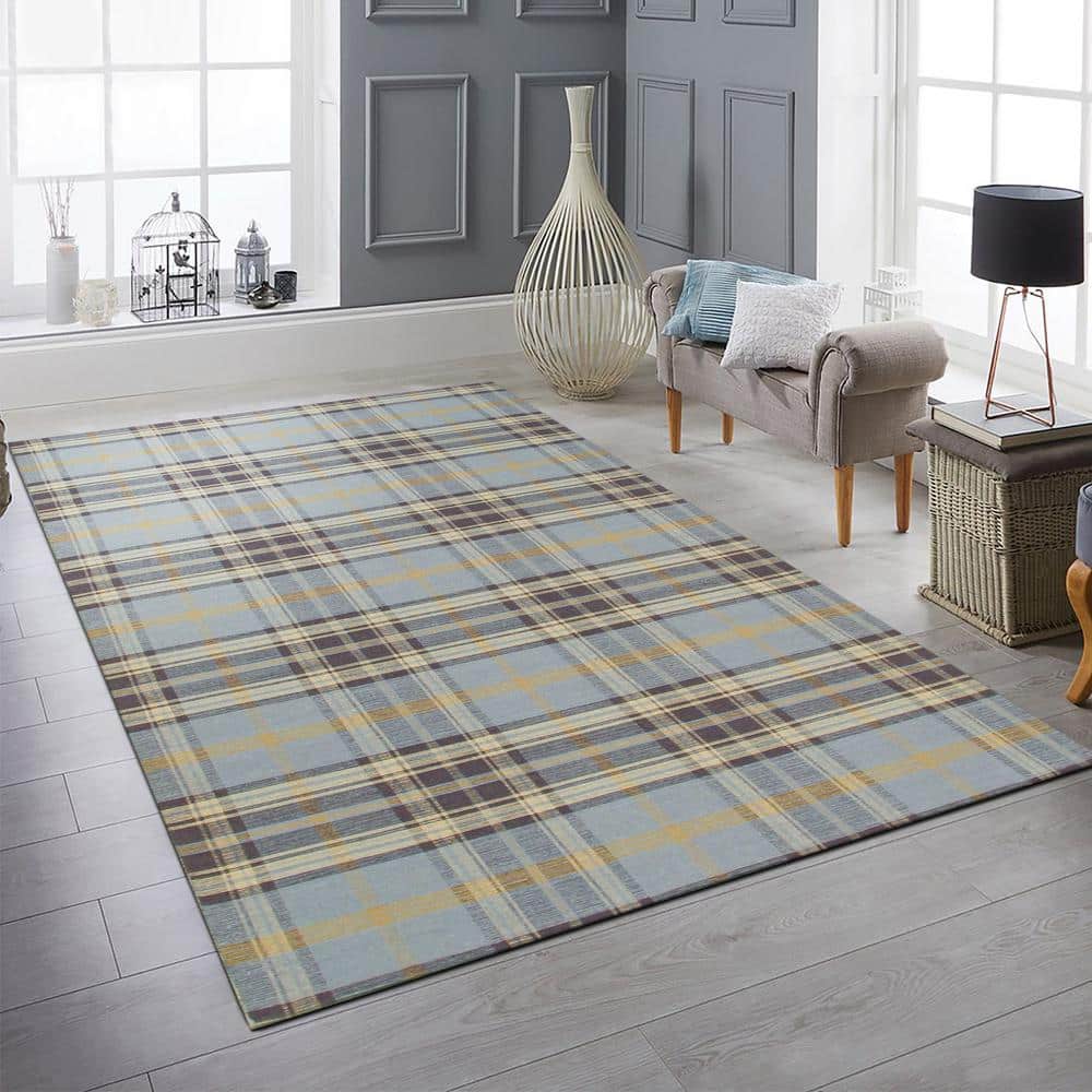 EORC Blue 9 ft. x 12 ft. Handmade Wool Transitional Plaid Area Rug ...
