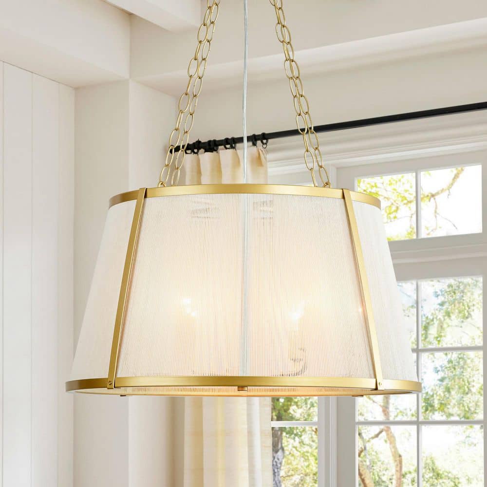 Rennnsan Benson Boho Brushed Gold 6-Light Drum Pendant Light with Beige ...