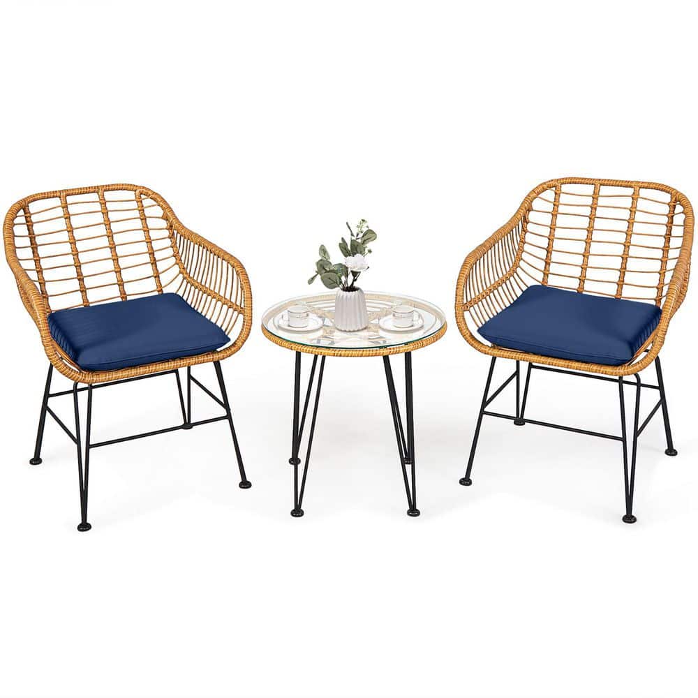 Costway Patio Beige 3-Piece Wicker Round 19 in. Outdoor Bistro Set with ...