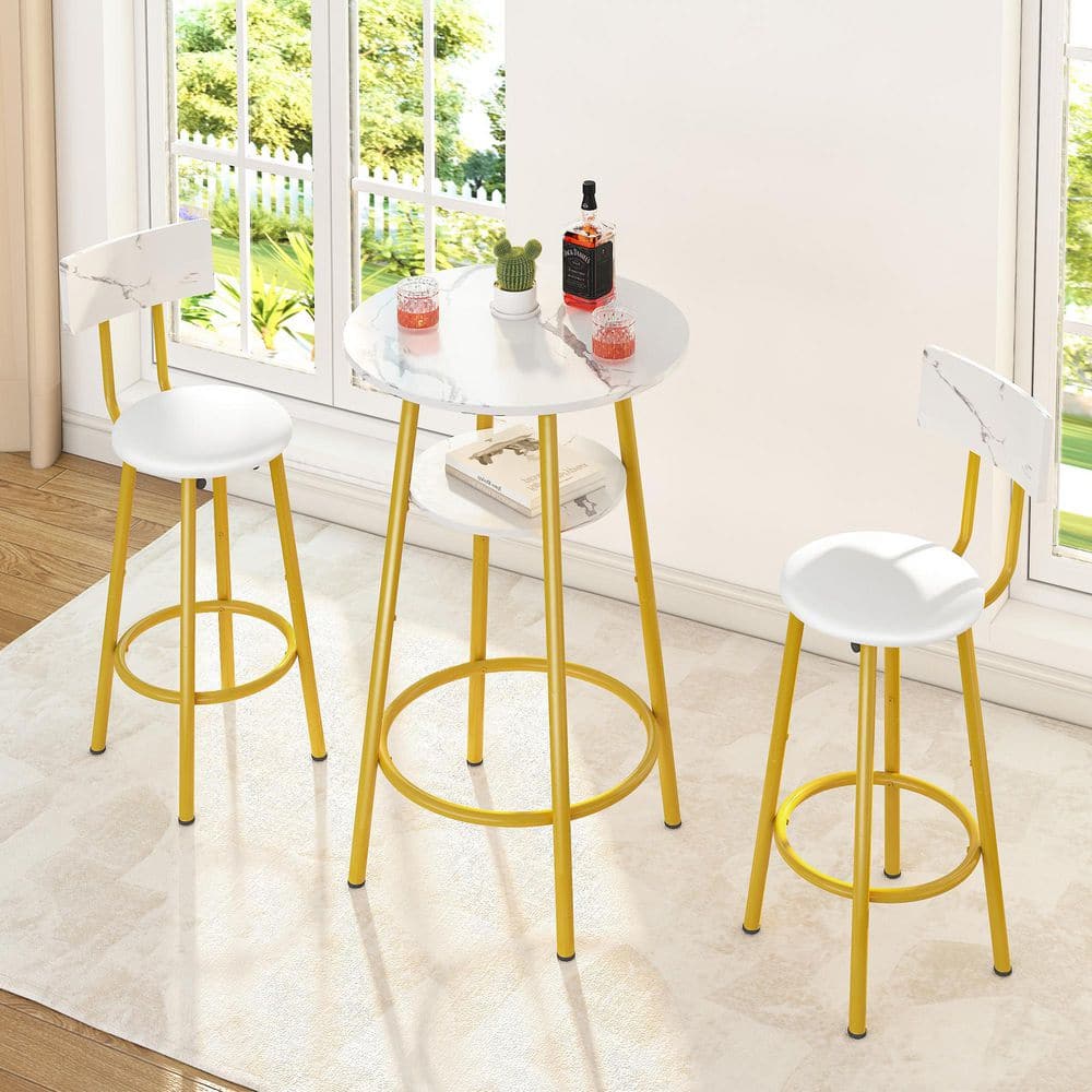 YOFE 3-Piece Round Elegant White MDF Wood Top Bar Table Set with 2 PU ...