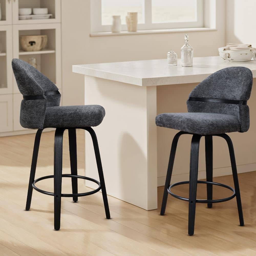 Art Leon Modern Dark Gray Fabric Swivel Bar Stools with Wood Legs (Set ...