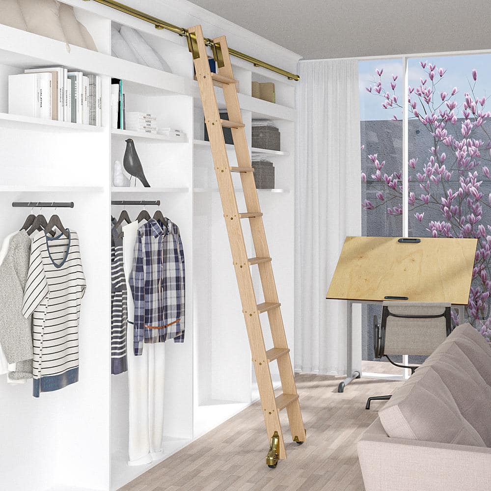 MEADOW LANE 107 in. Clear Pre-Finished Red Oak Library Ladder(119 in ...